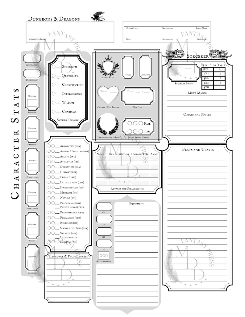 Sorcerer Character Sheet Dungeons & Dragons 5e - Etsy