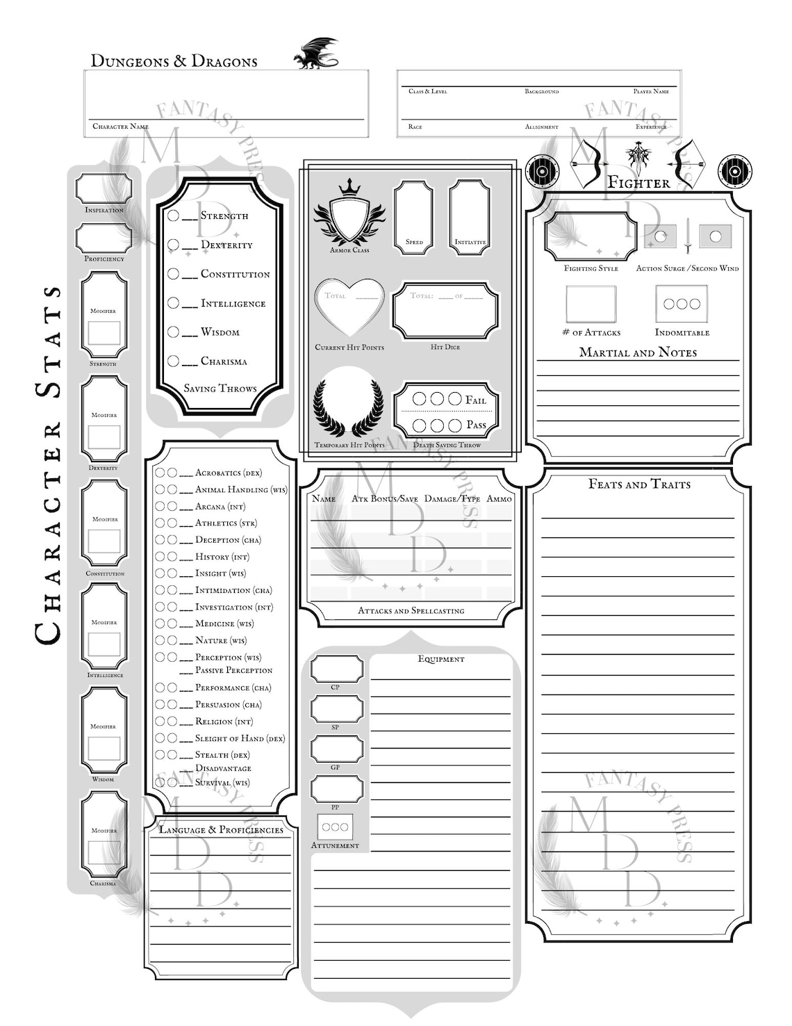 Fighter Character Sheet Dungeons & Dragons 5e - Etsy