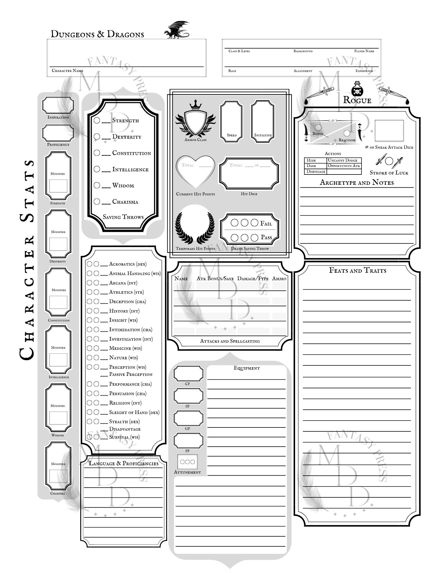 Rogue Character Sheet Dungeons & Dragons 5e - Etsy
