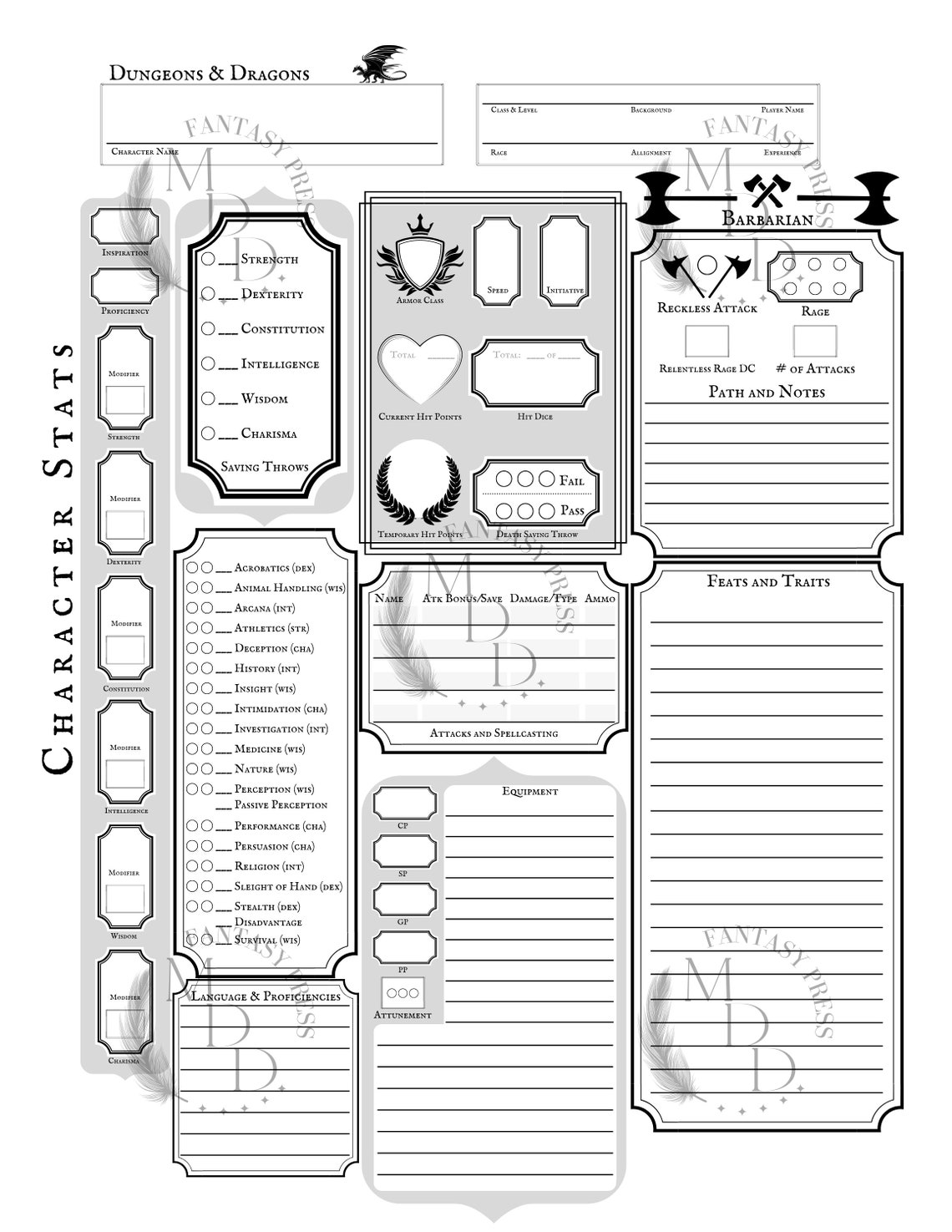 Barbarian Character Sheet Dungeons & Dragons 5e - Etsy
