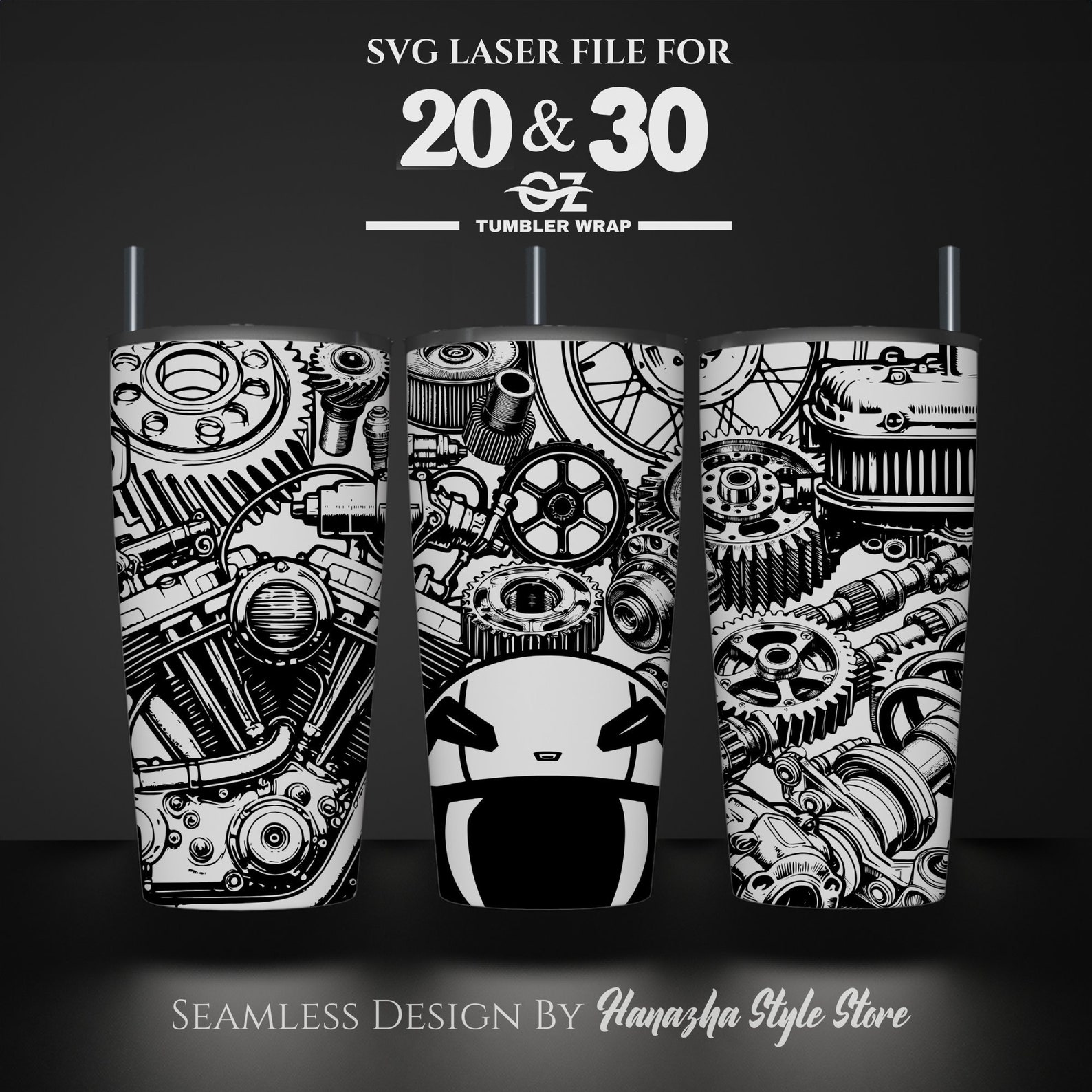 Motorcycle Engine Laser Engraved Full Wrap Design for 20 and 30 Oz ...