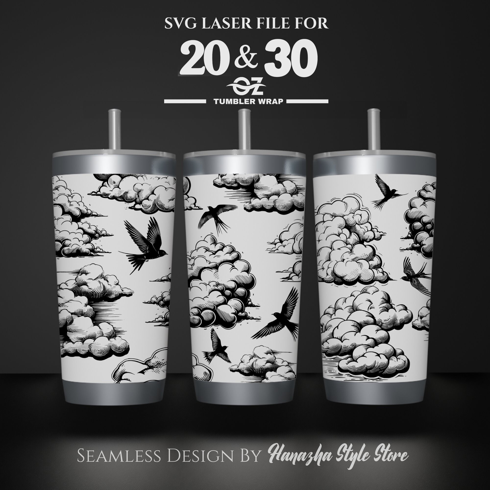 Clouds Laser Engraved Full Wrap Design for 20 and 30 Oz Tumbler, Clouds ...