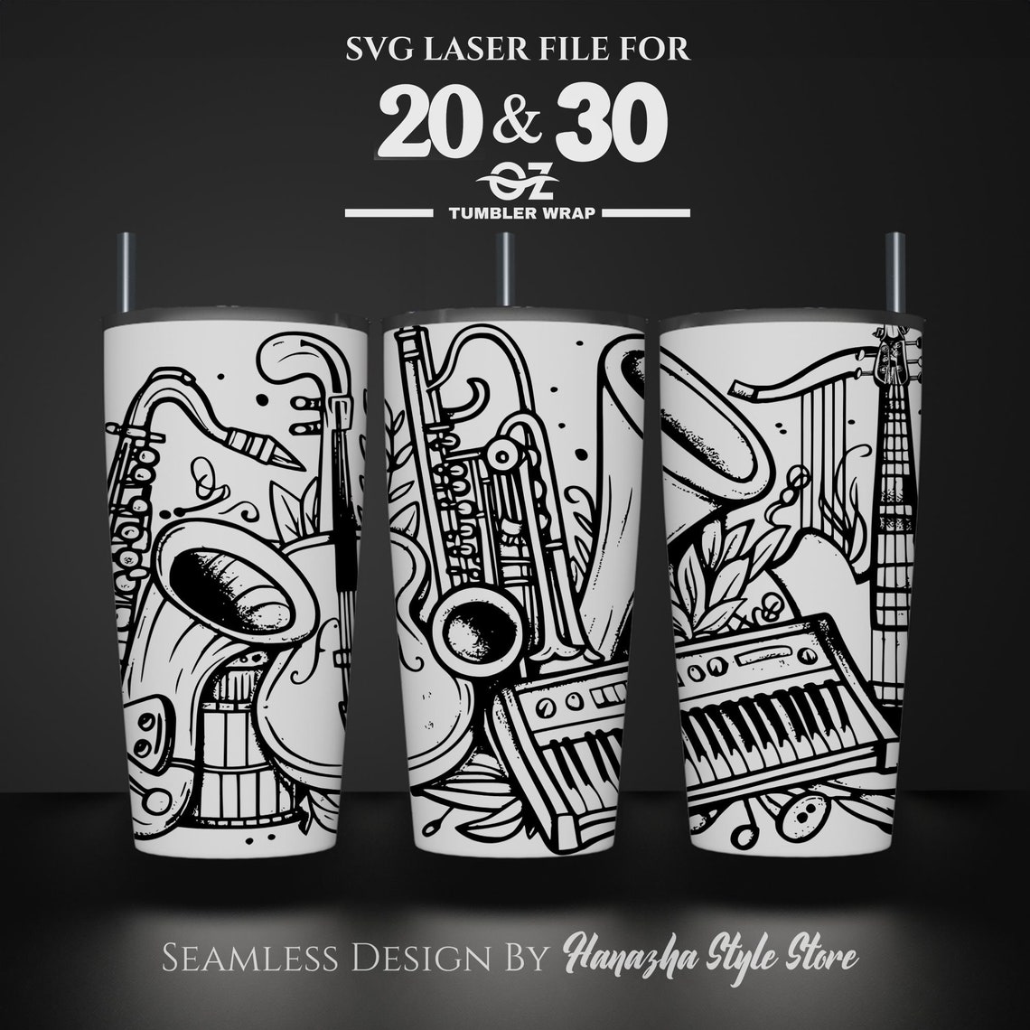 Music V2 Laser Engraved Full Wrap Design for 20 and 30 Oz Tumbler ...