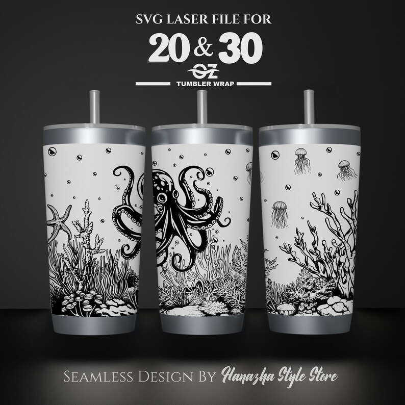 Octopus Laser Engraved Full Wrap Design for 20 and 30 Oz Tumbler ...