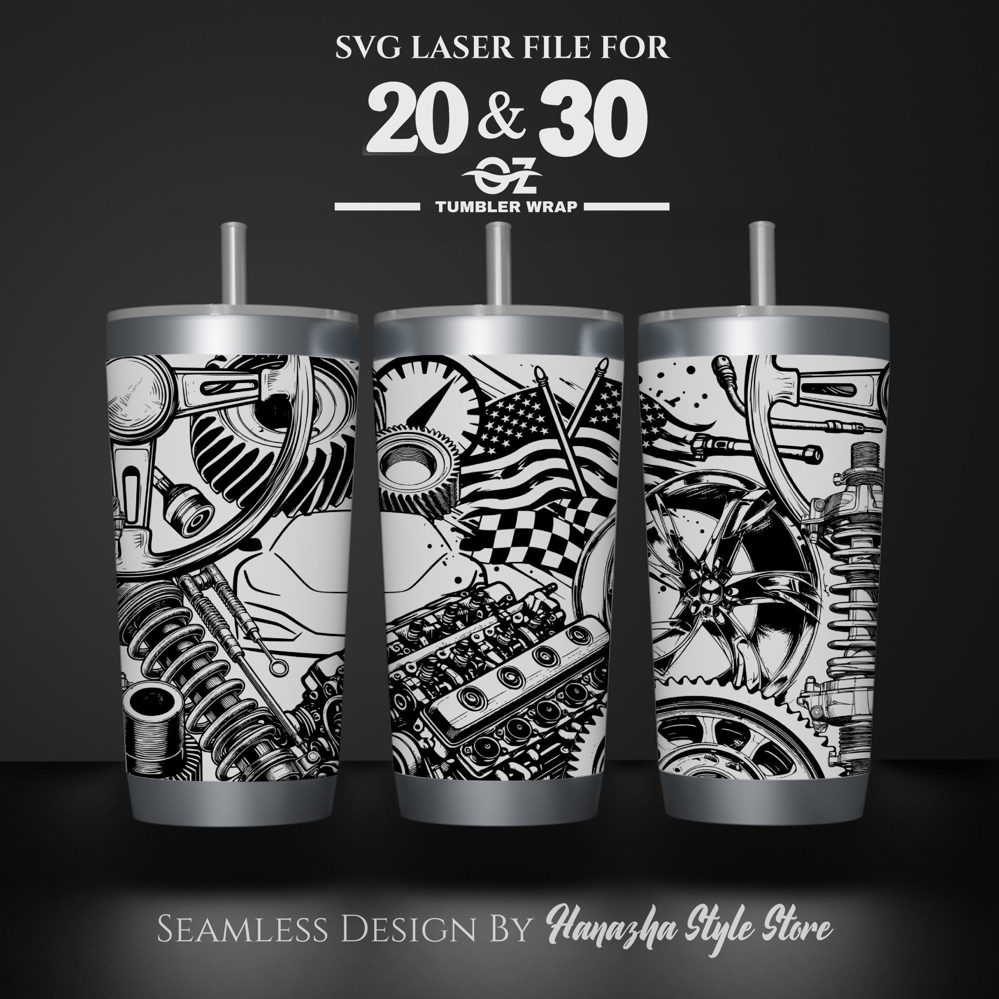 Car Engine Laser Engraved Full Wrap Design for 20 and 30 Oz Tumbler ...