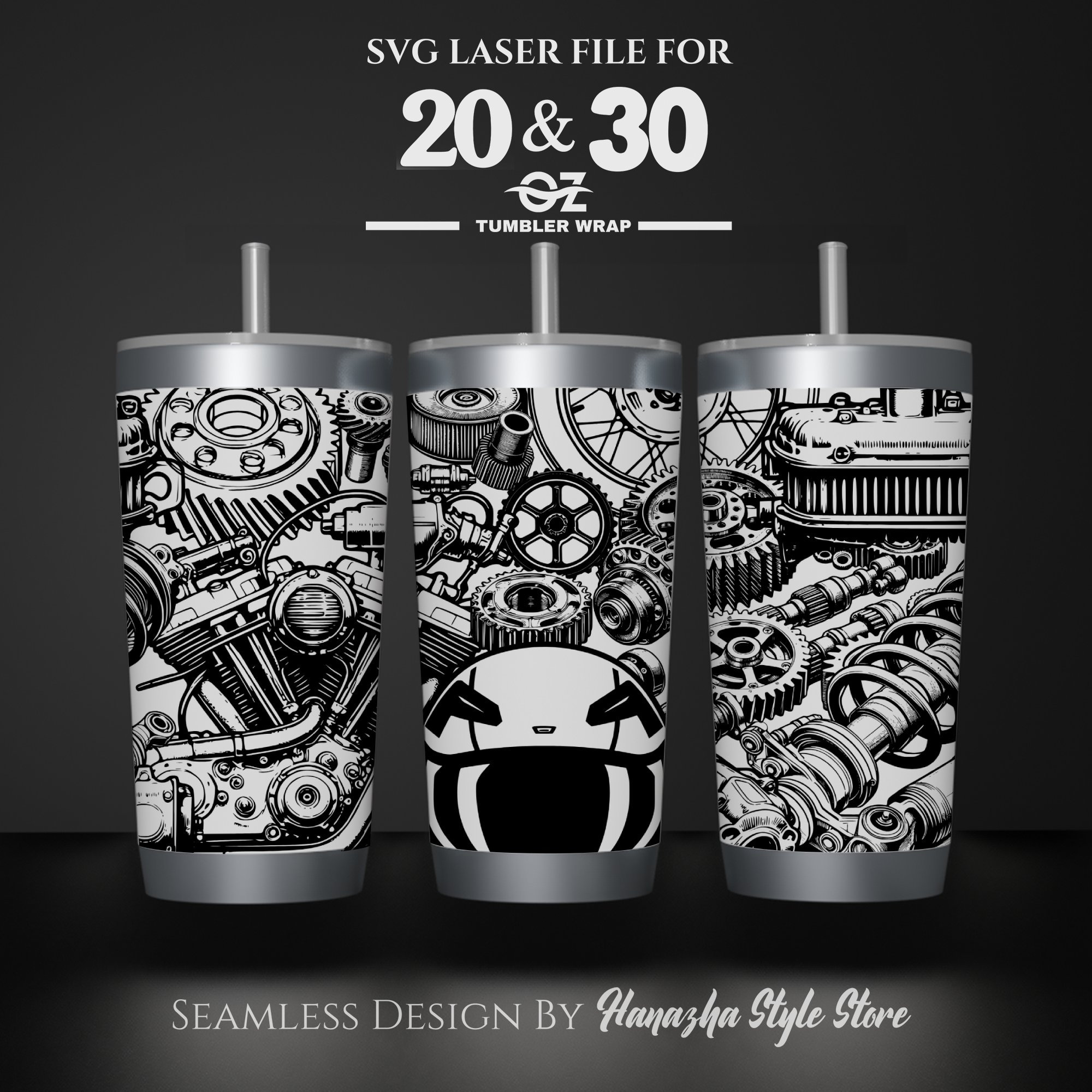 Motorcycle Engine Laser Engraved Full Wrap Design for 20 and 30 Oz ...