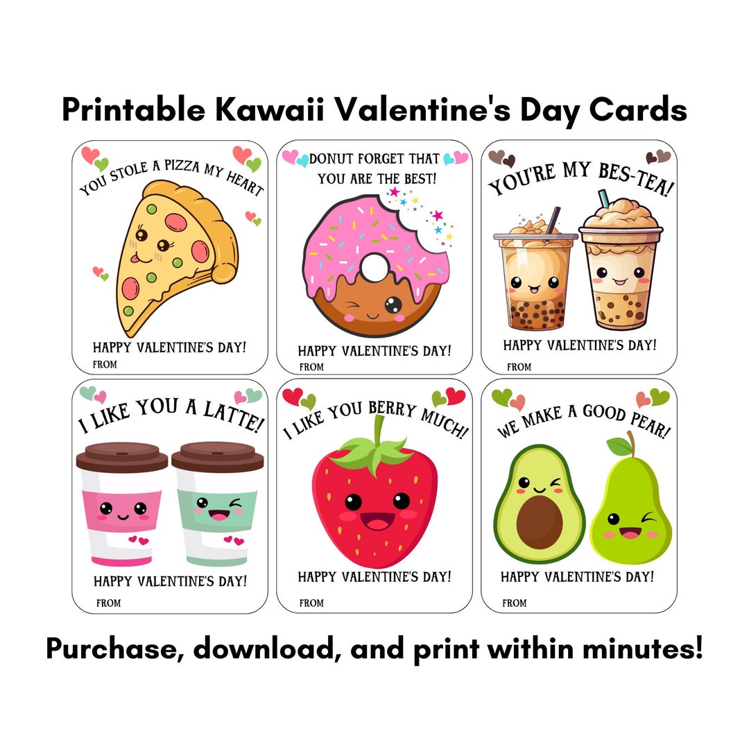 Printable Kawaii Valentine's Day Cards, Classroom Valentine's Day Cards ...
