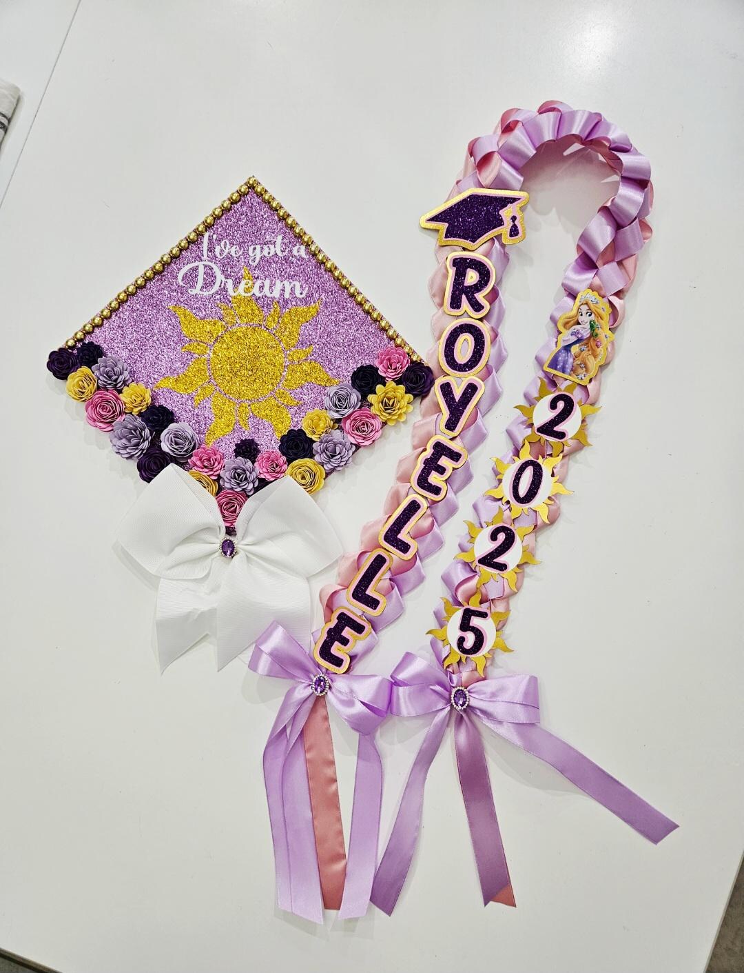 Rapunzel Flower Graduation Cap Cover and Lei Set | Graduation Cap and ...