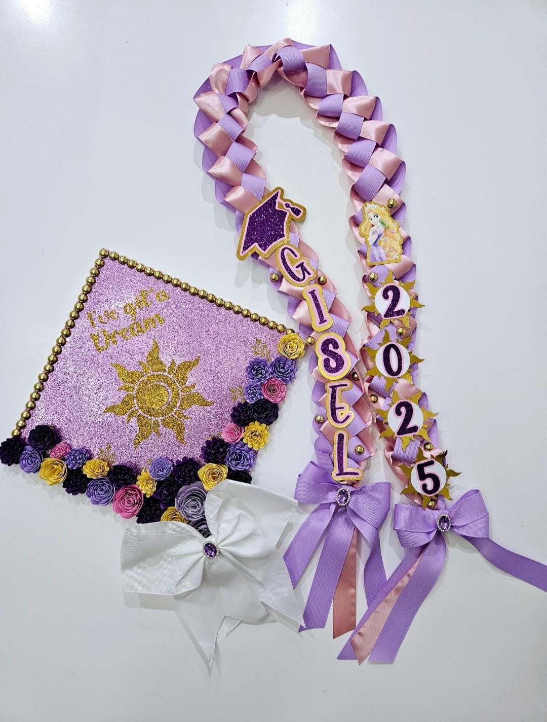 Rapunzel Flower Graduation Cap Cover and Lei Set | Graduation Cap and ...