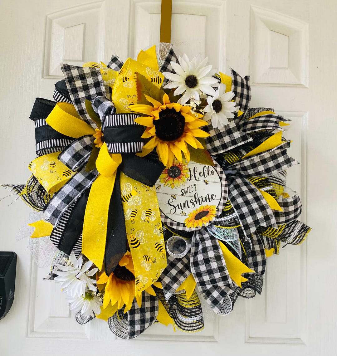 Black and White Plaid Bumblebee and Sunflower Door Wreath - Etsy