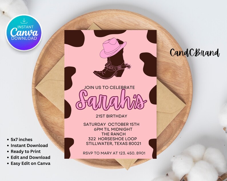 Cowgirl Cow Print Birthday Invitation, EDITABLE Cow Party Invite ...