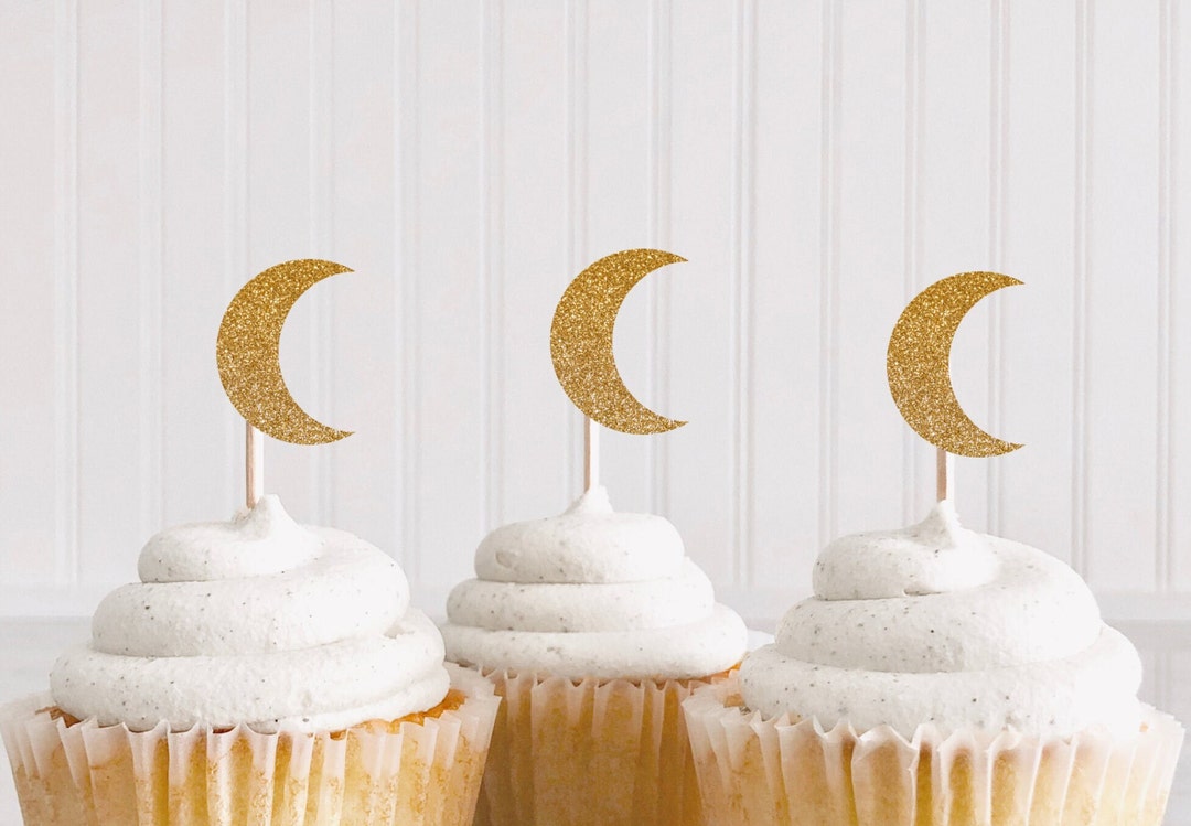 Glittered Moon Cupcake Shiny Toppers, Two the Moon Birthday Decor ...