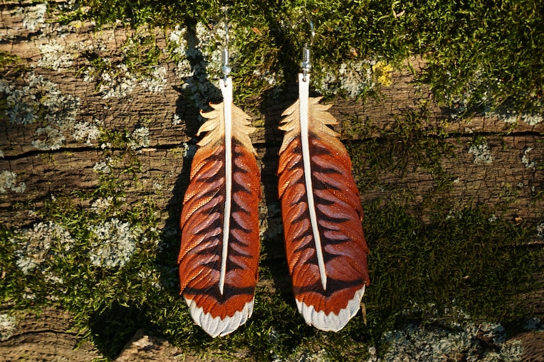 Red-tailed Hawk Feather Earrings Painted & Tooled Leather Earrings - Etsy