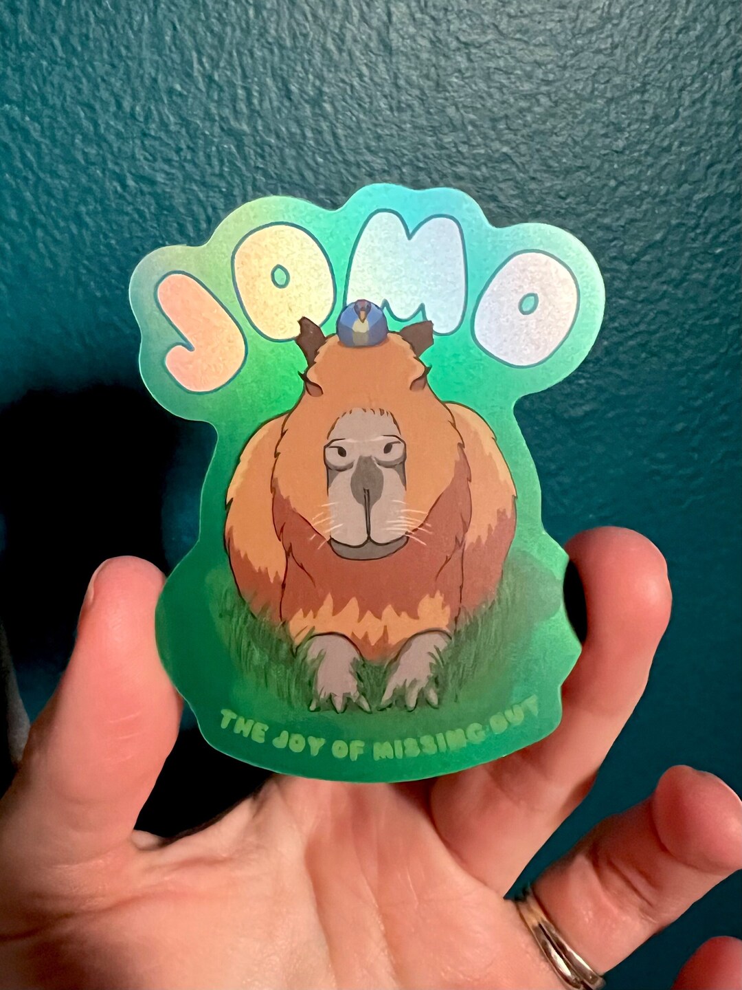 JOMO, Capybara Frosted Holographic Sticker, Dark Humor Sticker, Funny ...
