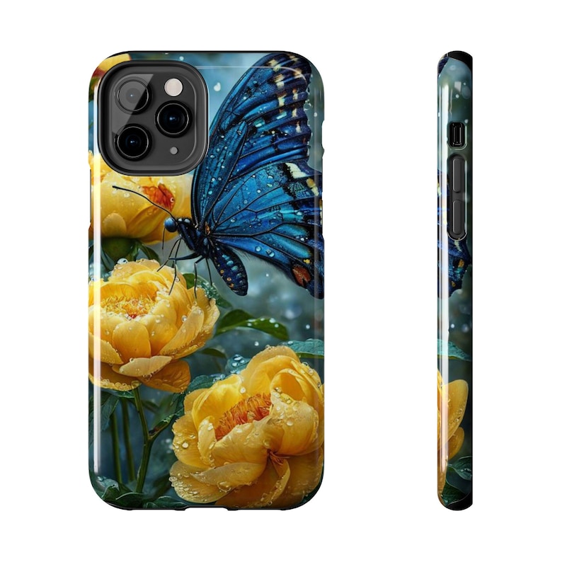 Blue Butterfly on Flowers Tough Phone Case for iPhone & Samsung Galaxy ...