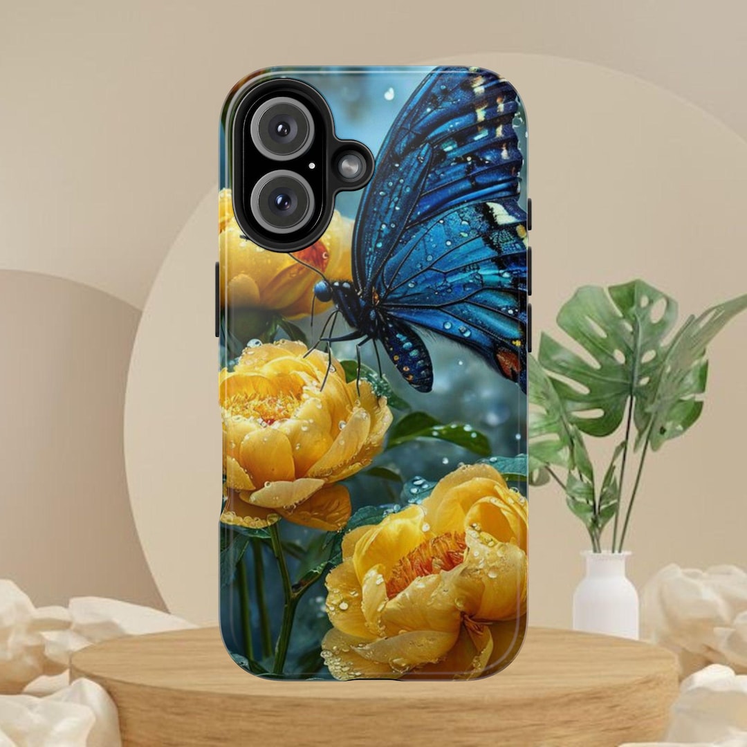 Blue Butterfly on Flowers Tough Phone Case for iPhone & Samsung Galaxy ...
