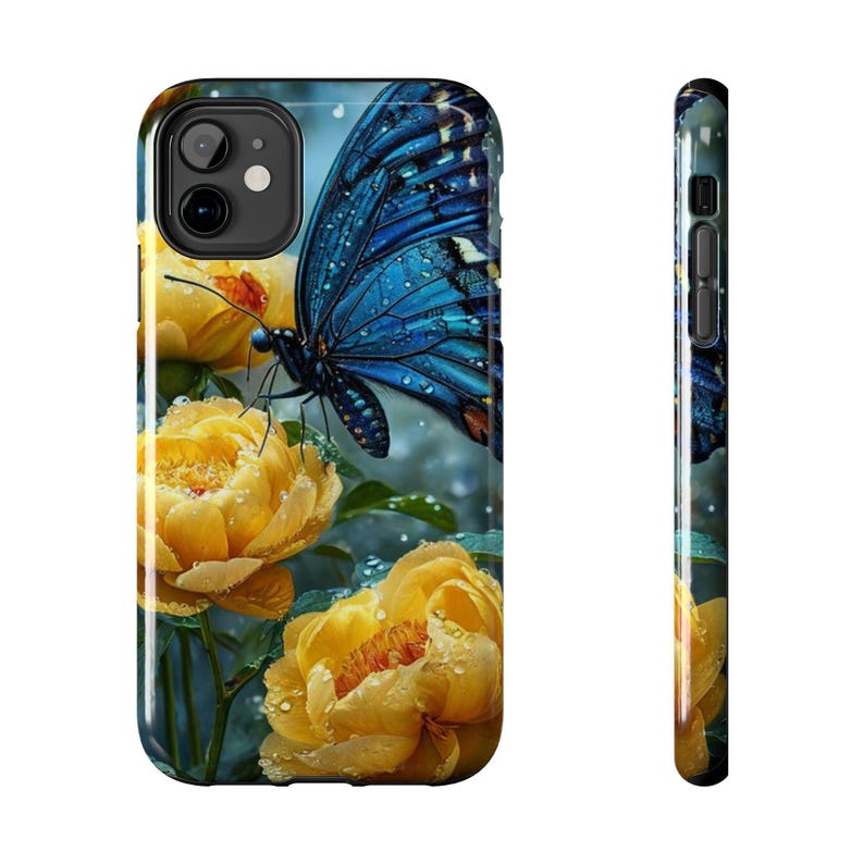 Blue Butterfly on Flowers Tough Phone Case for iPhone & Samsung Galaxy ...