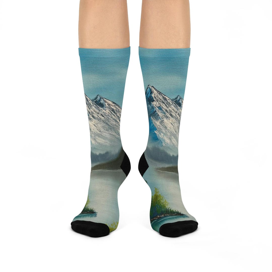 Crew Socks, Alpine Lake Landscape Bob Ross Style, Mountain Socks ...