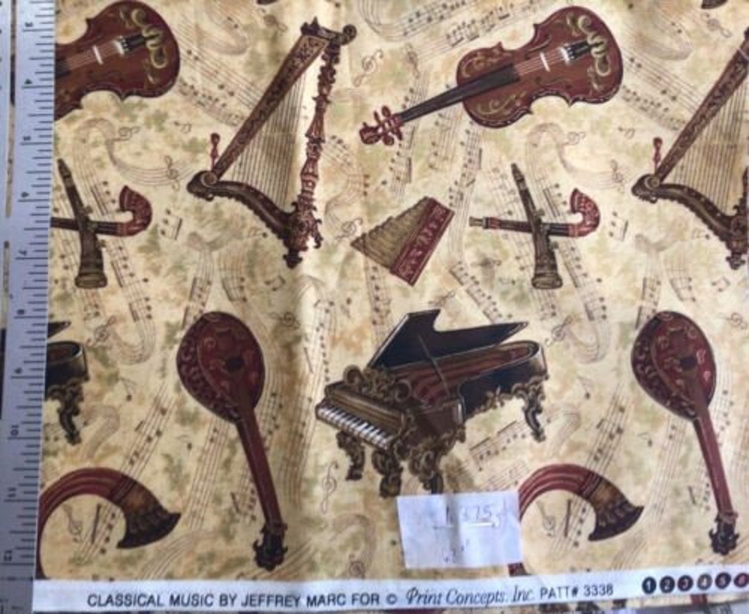 Print Concepts Classical Musical Instruments Cotton Fabric, Biege ...