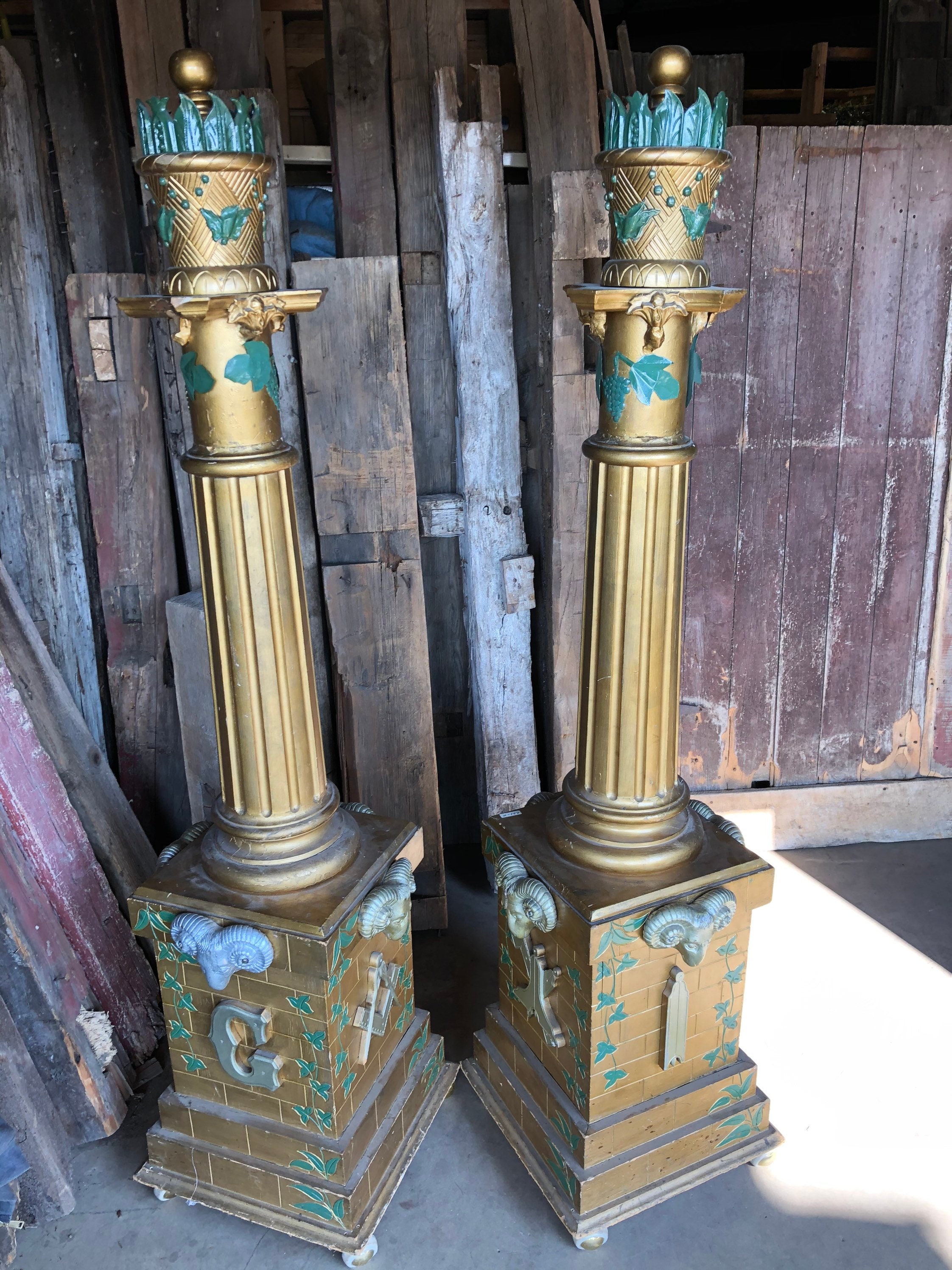 Pair of 6’ 8” Tall Antique Masonic Lodge Pillars Wood With Plaster ...