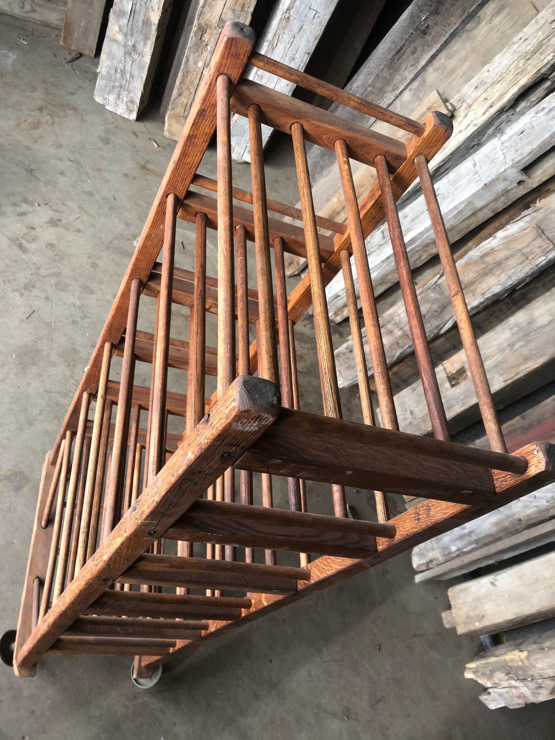Authentic 1900s East Coast Shoe Factory Rolling Rack With Dowel Shelves ...