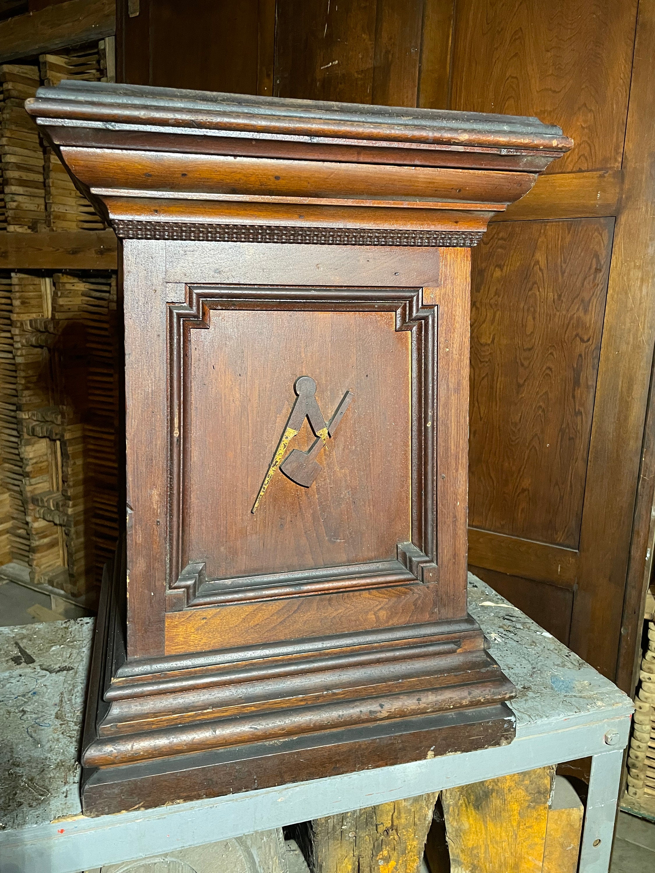 Antique Solid Walnut Masonic Emblem Adorned Pedestal 29” T X 20-1/2 ...