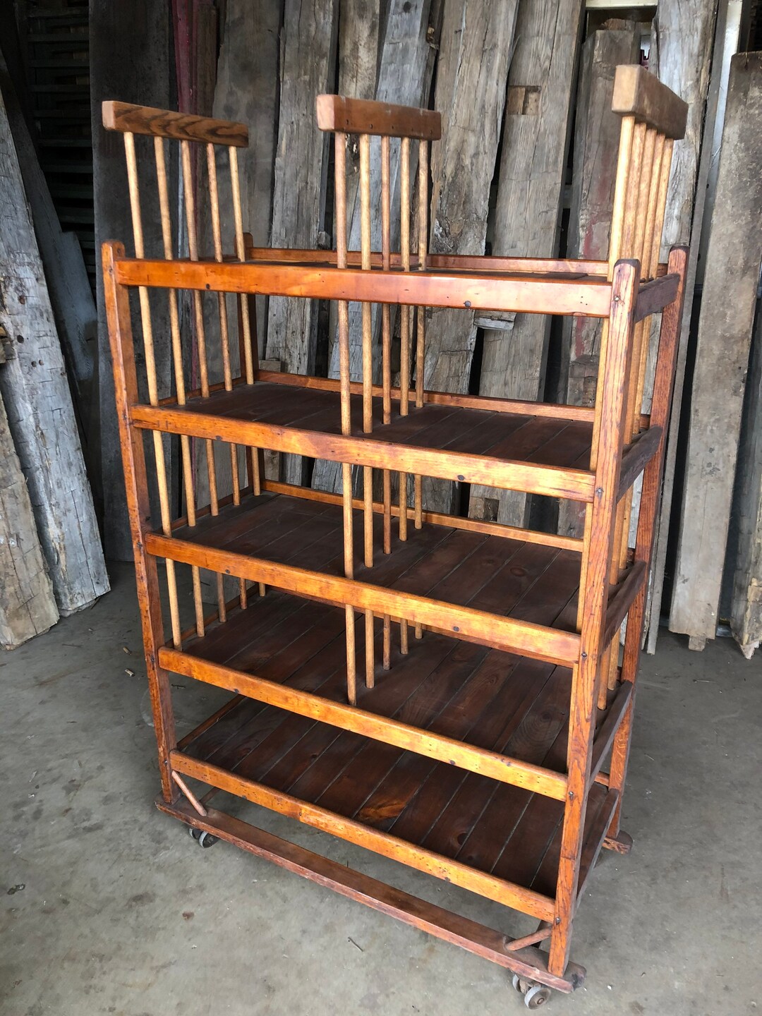 Authentic Antique Wooden Shoe Factory Rack on Original Casters 40”W X ...