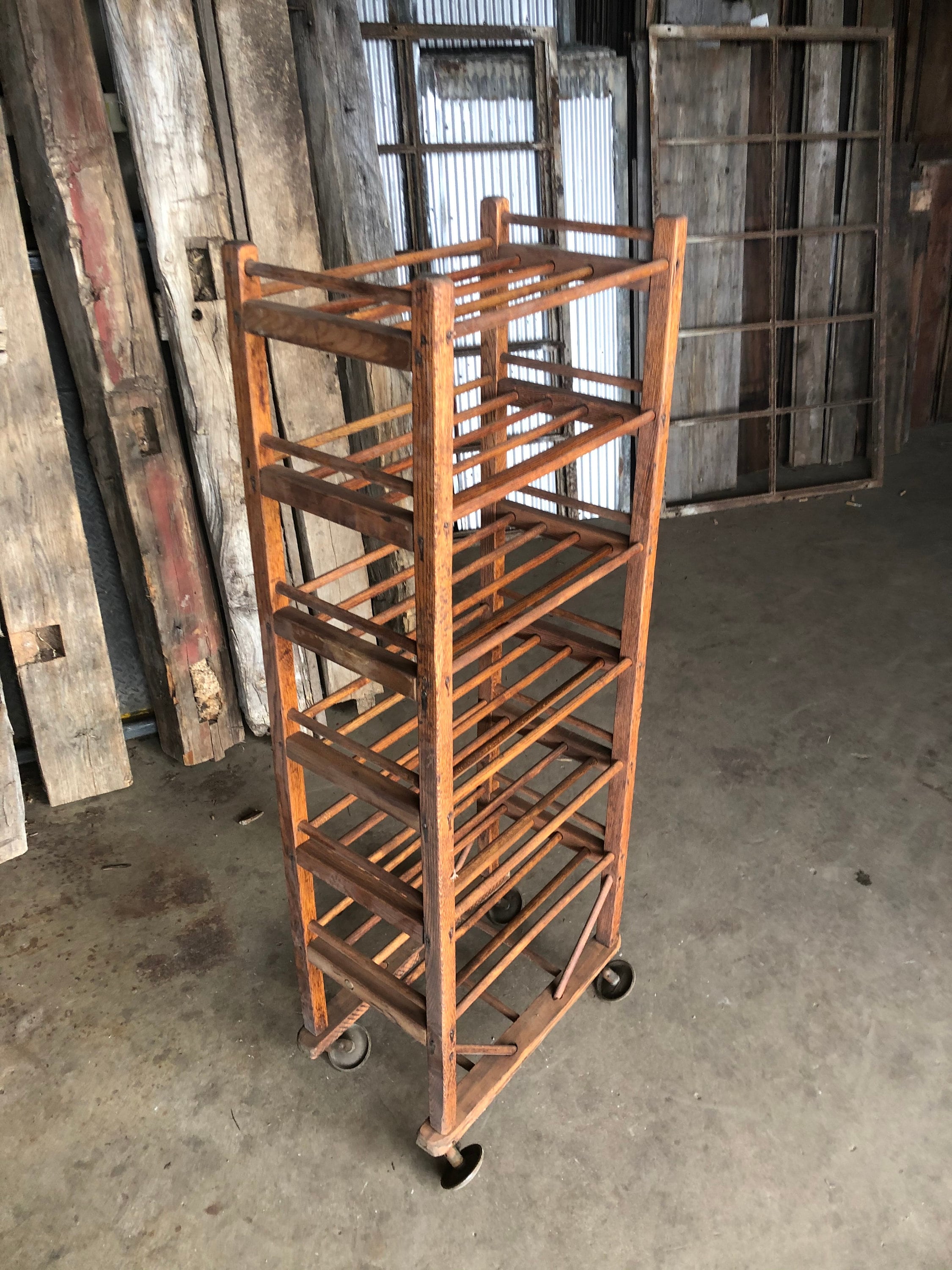 Authentic 1900s East Coast Shoe Factory Rolling Rack With Dowel Shelves ...