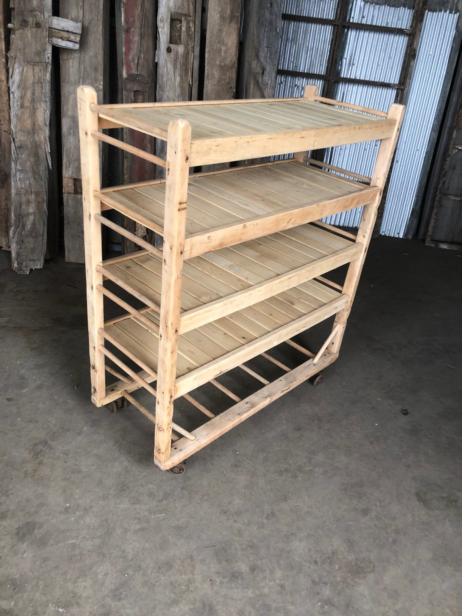 Genuine Antique Wooden Shoe Factory Rack on Original Casters 36”W X 16 ...