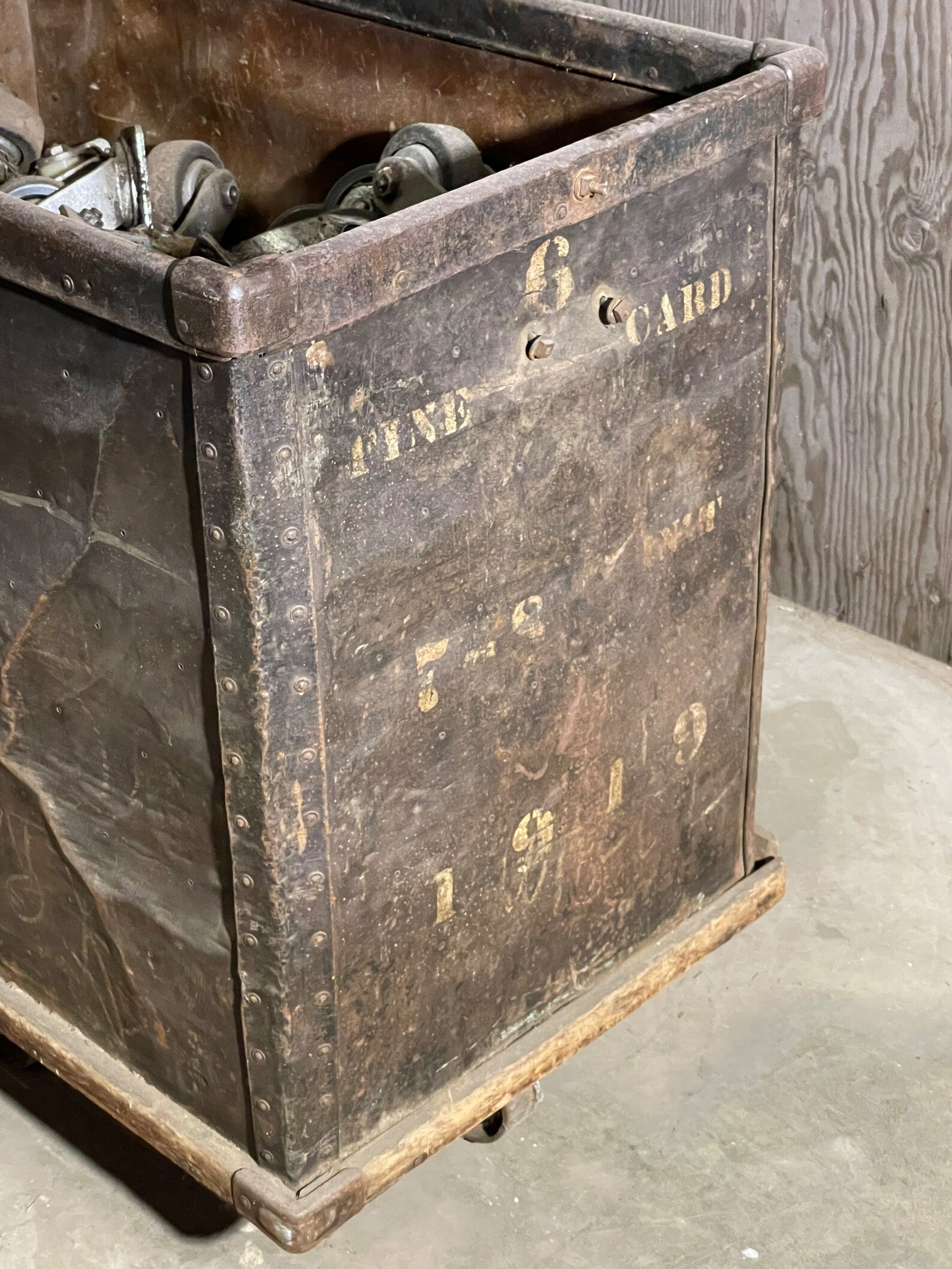 1919 Antique Metal Factory Bin 38.5” Long X 35” Tall X 23” Deep on Cast ...