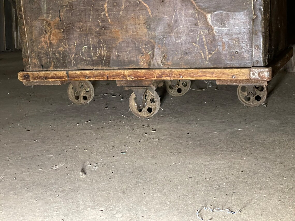 1919 Antique Metal Factory Bin 38.5 Long X 35 Tall X 23 Deep on Cast ...