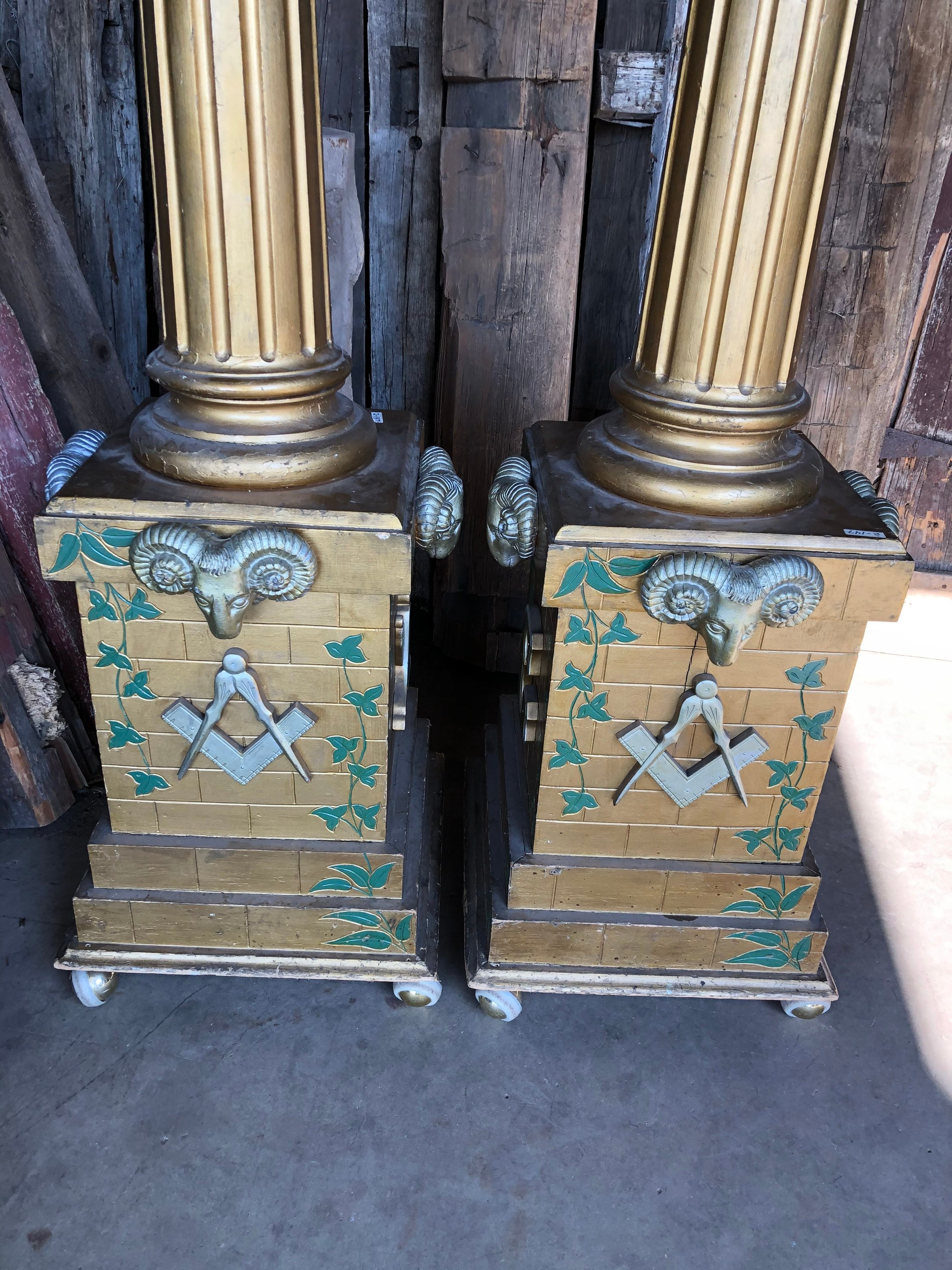 Pair of 6’ 8” Tall Antique Masonic Lodge Pillars Wood With Plaster ...