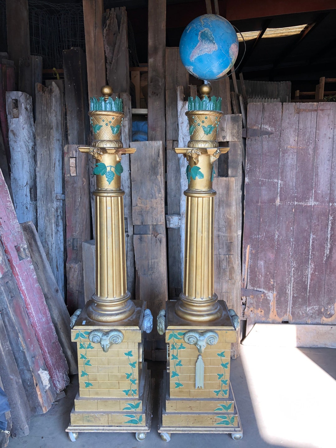 Pair of 6’ 8” Tall Antique Masonic Lodge Pillars Wood With Plaster ...