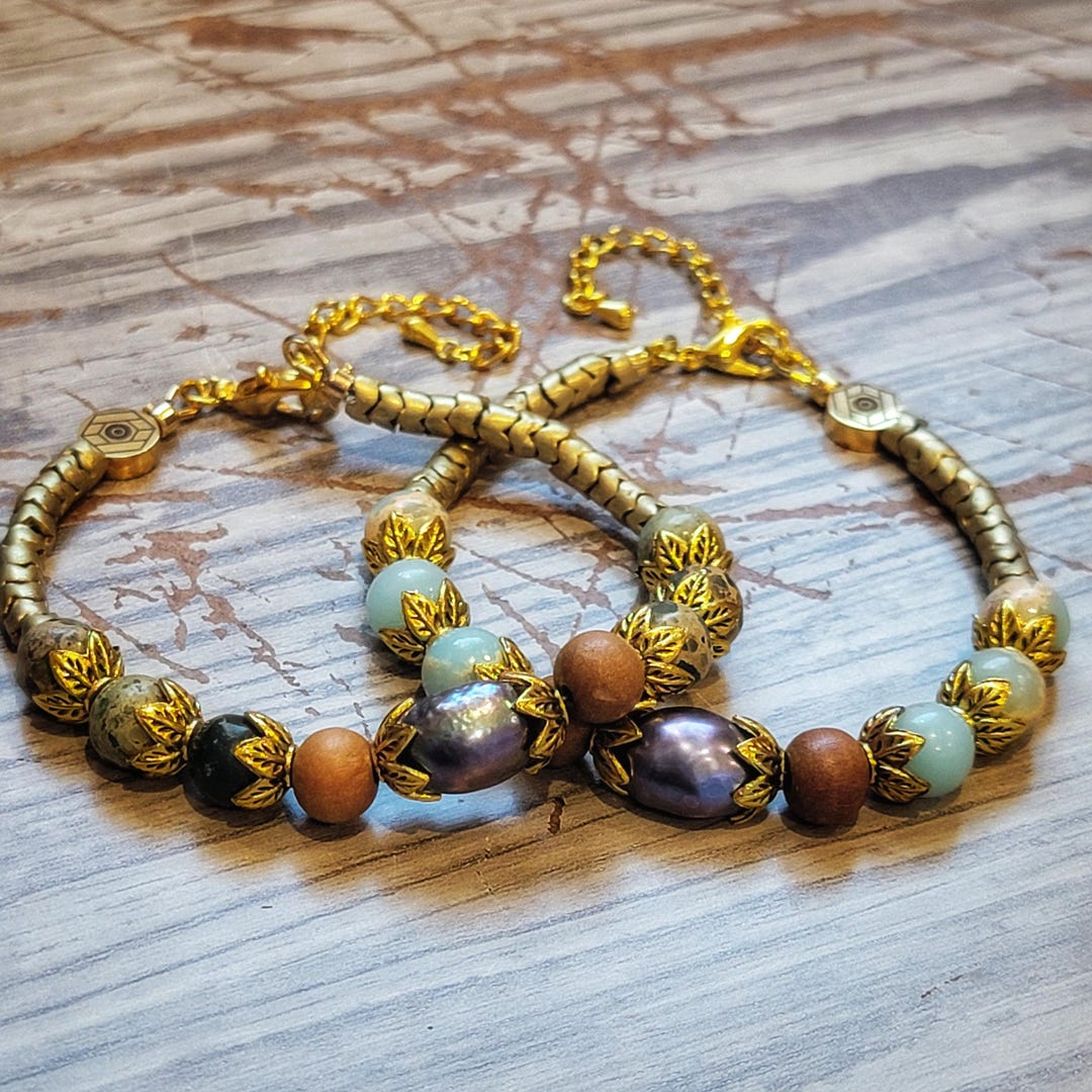 Medusa: Snake Skin Jasper, Peacock Pearl, Sandalwood, Brass Snake Beads ...