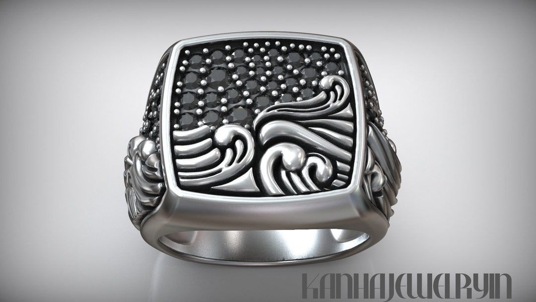 925 Silver Men's Ring Ocean Waves Black Diamond Signet - Etsy
