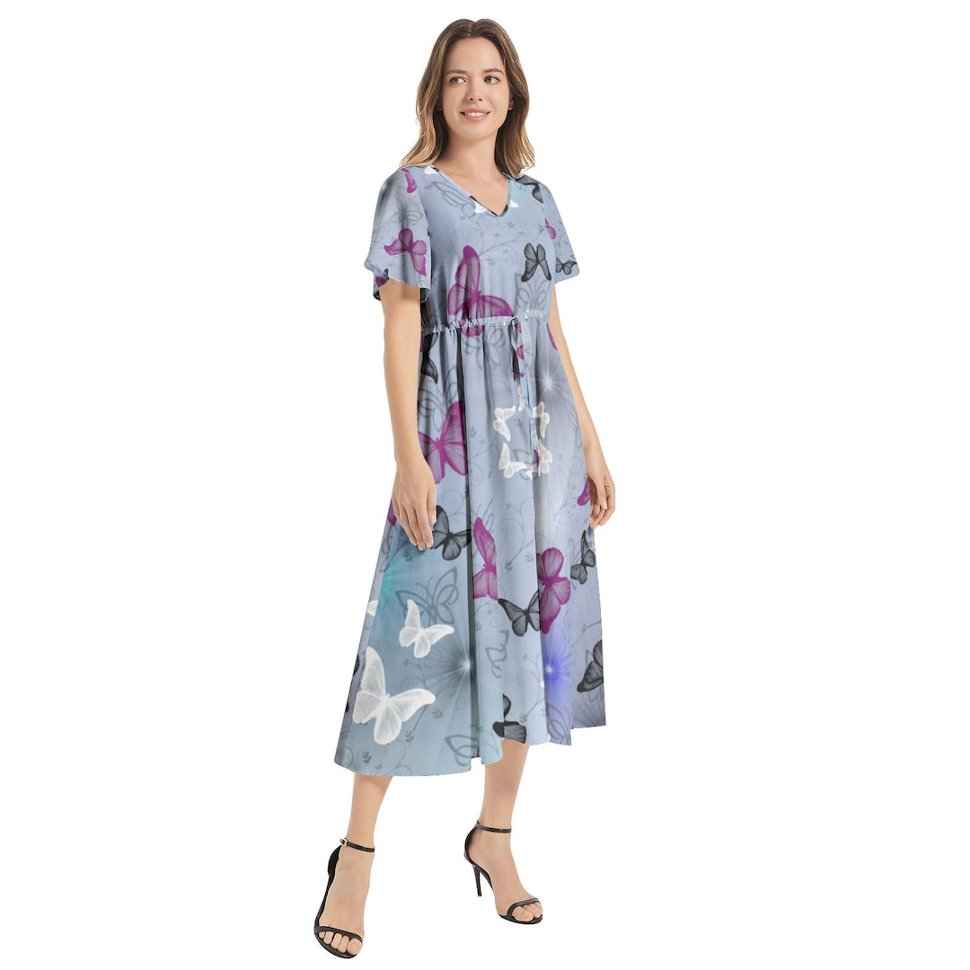 Butterfly Cosmic Swirl Dress, Flutter Sleeve Flared Dress With ...