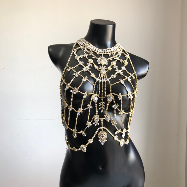 Sexy Luxury Rhinestone Flower Shaped Chest Chain Body Chain Etsy