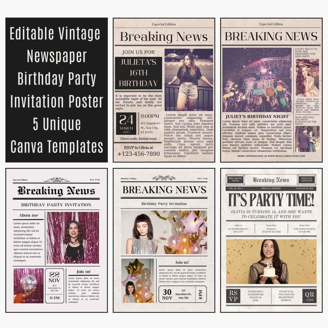 Vintage Newspaper Birthday Party Poster Bundle 5 Editable Canva ...