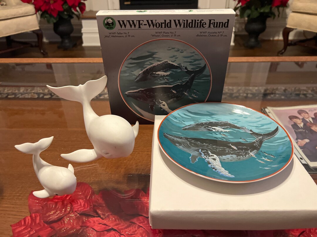 WWF World Wildlife Fund Whale Plate and Mother and Baby Ceramic Whales ...