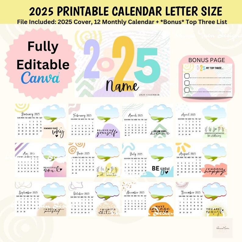 Editable 2025 Calendar Template, Custom Design for Canva, Printable ...