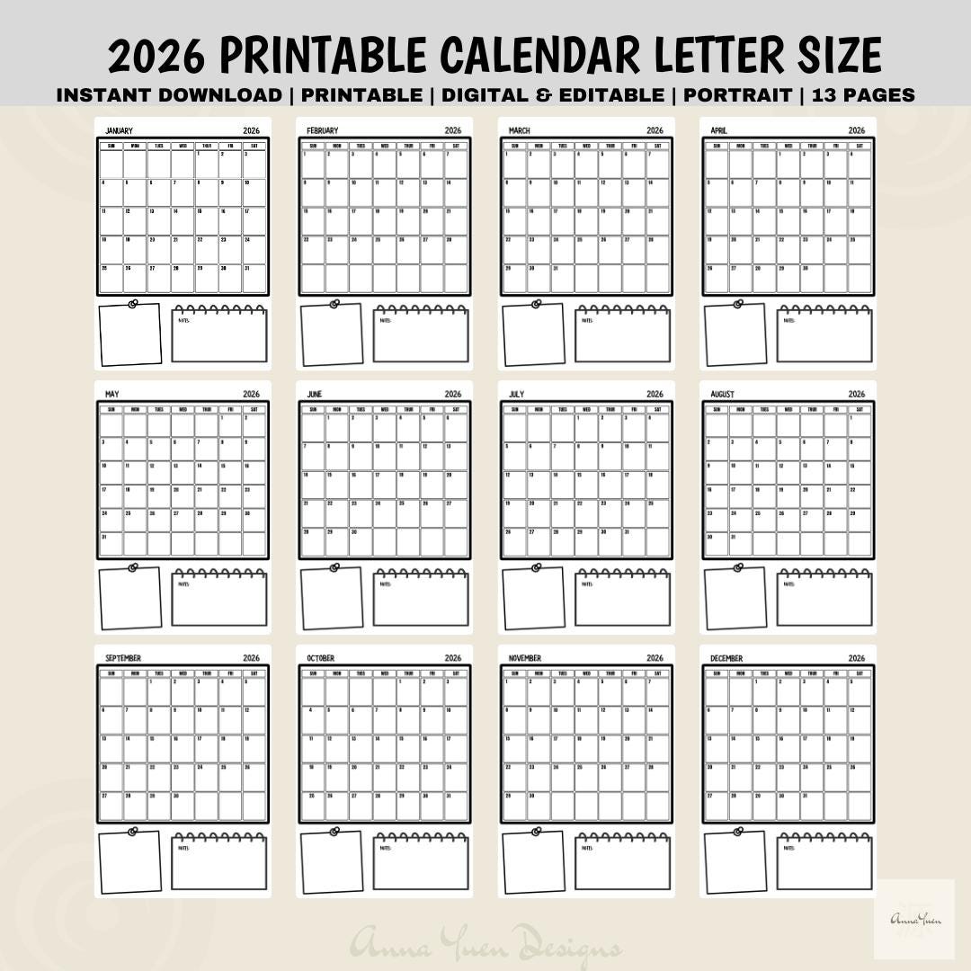 2026 Calendar Printable, Editable Calendar Template, Kids Calendar ...