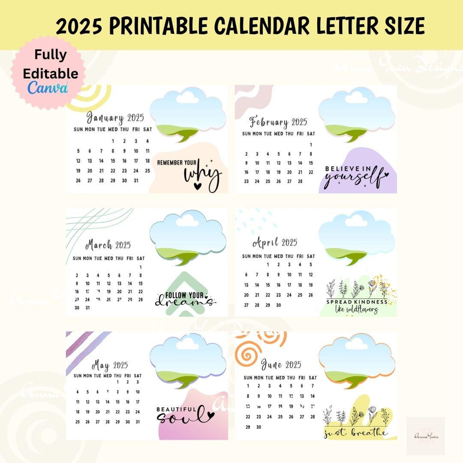 Editable 2025 Calendar Template, Custom Design for Canva, Printable ...