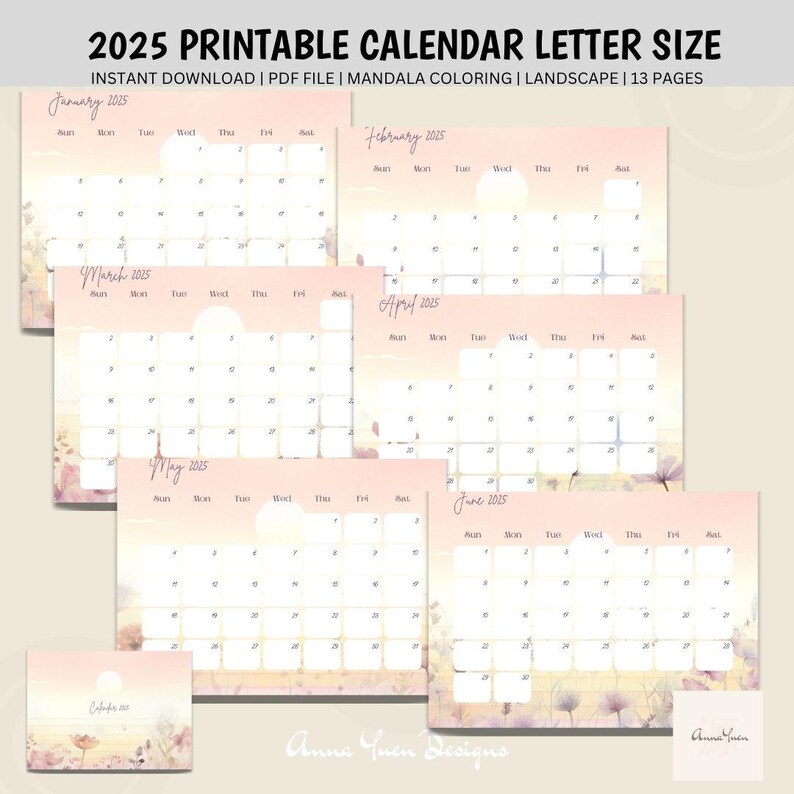 2025 Printable Calendars, Monthly Calendars, 2025 Calendars, Sunrise ...