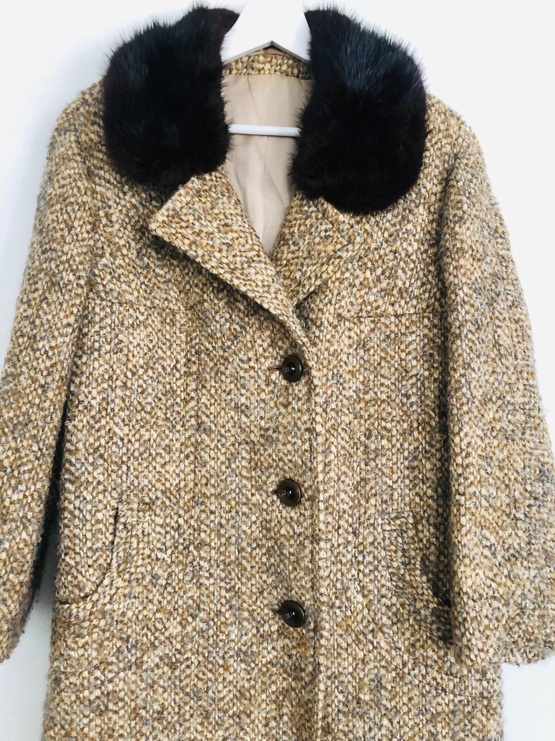 1960s Vintage Tweed Trench Coat With Fur Collar Mod Wool Overcoat ...