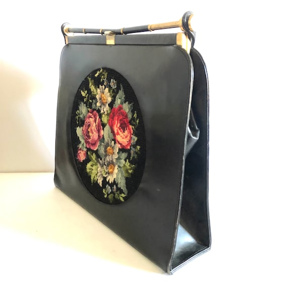 1950s Vintage Black Leather Frame Bag with Floral Tap… - Gem
