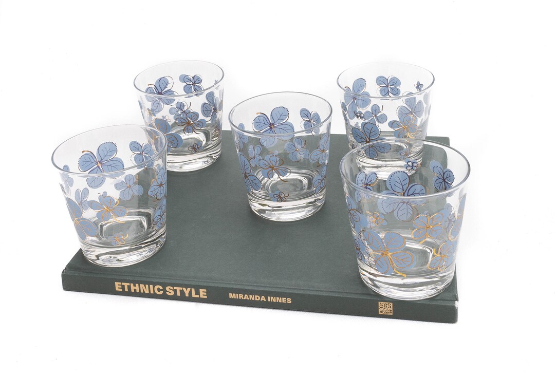 Vintage Federal Glass Clover Rocks Glasses: Set of 4 Blue & Gold ...