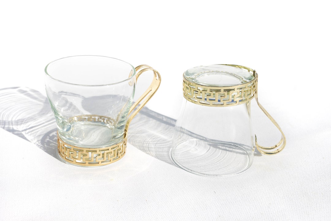 Set of 2 Vintage Libbey Glass Coffee Mugs: Brass Greek Key Handles - Etsy