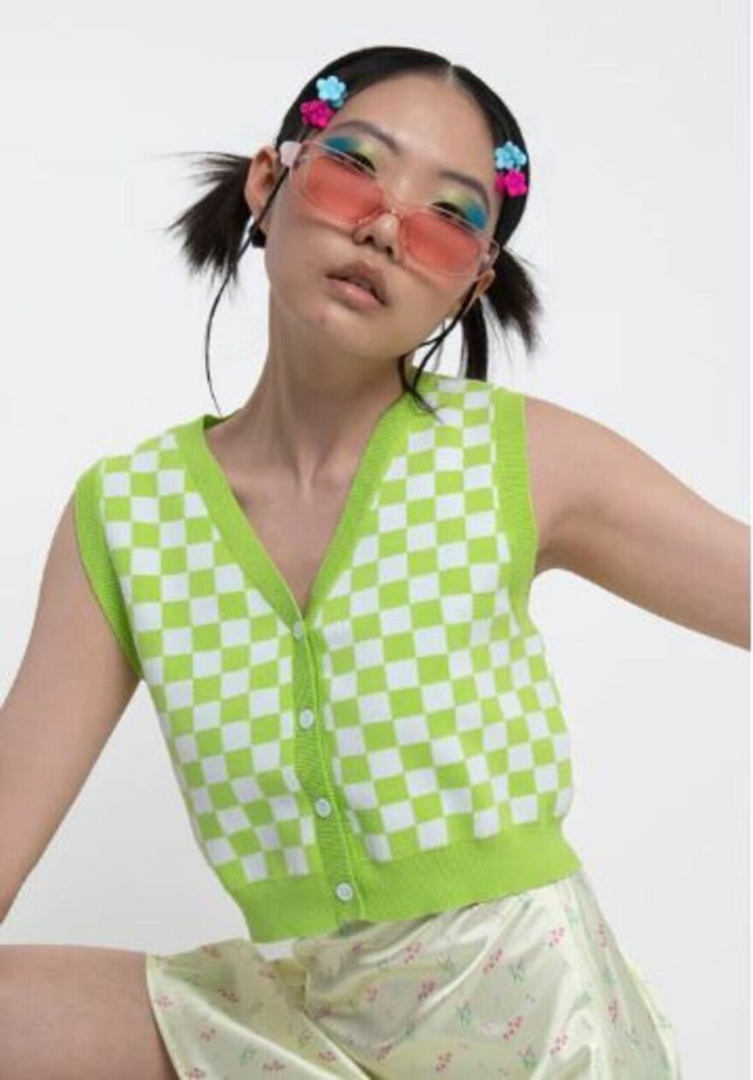 Green Checkerboard Knitted Sweater Vest - Etsy