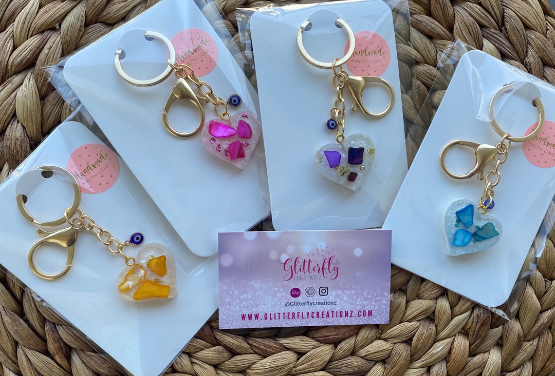 Resin Heart Colored Glass Stone Keychains With Evil Eye, Gifts for Her ...
