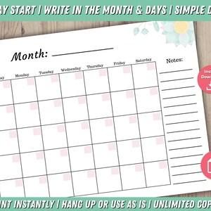 Minimalist Watercolor Blank Monthly Calendar Printable, Printable Blank ...